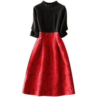 修身显瘦拼接七分袖连衣裙礼服