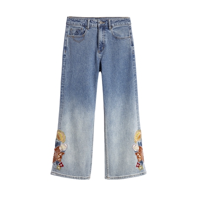 Desigual26春夏新品牛仔花卉刺绣钉珠装饰渐变水洗女式牛仔裤