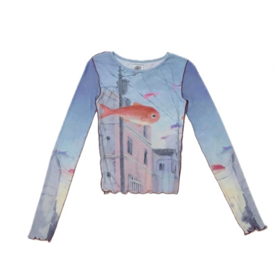 油画感网纱长袖打底薄透y2k上衣