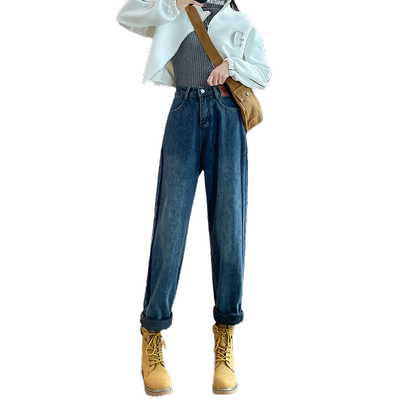 加绒撞色牛仔裤女高腰哈伦