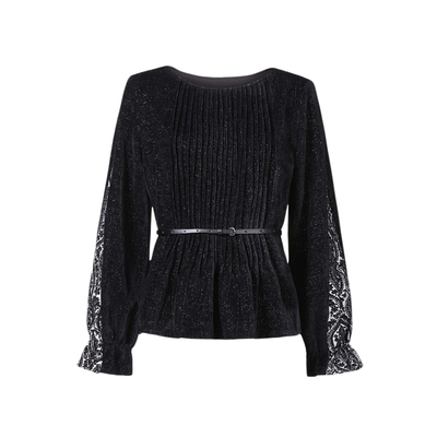 sdeer风琴褶收腰印花丝绒外套