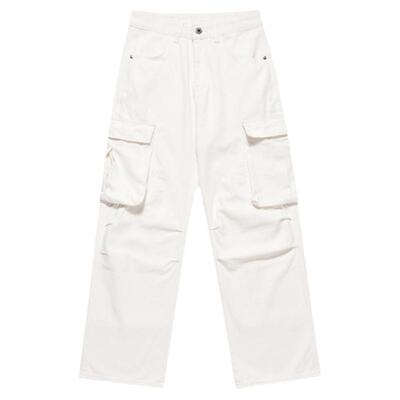 KHKH 美式多口袋小众设计感米色牛仔裤宽松直筒休闲ins潮裤子男女