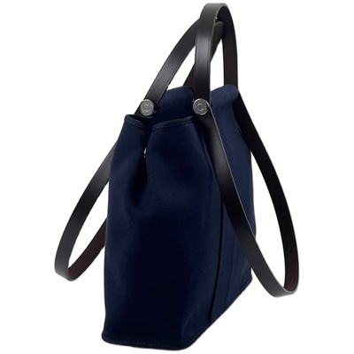 isacrab 藏青马术包 通勤帆布水桶包大容量 牛皮肩带 单肩手提包