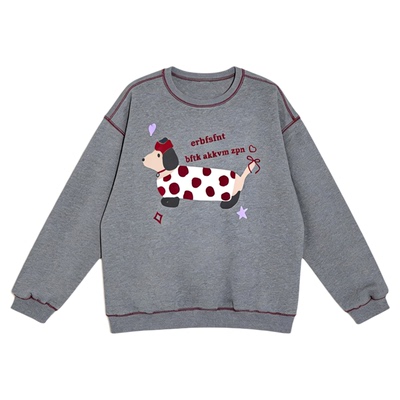 百家灰色印花圆领宽松慵懒卫衣女