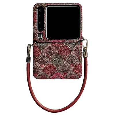 酒红贝壳花朵手提斜挎折叠屏