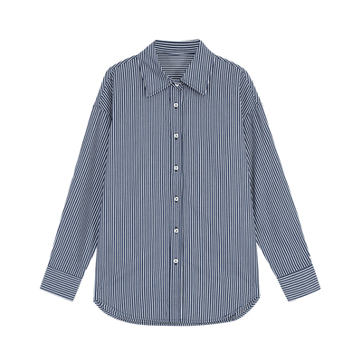 pusumede 控场智感 翻领条纹衬衫女白色宽松休闲衬衣叠穿长袖上衣