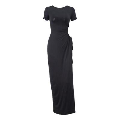 网红街拍抽褶高开叉度假风长裙