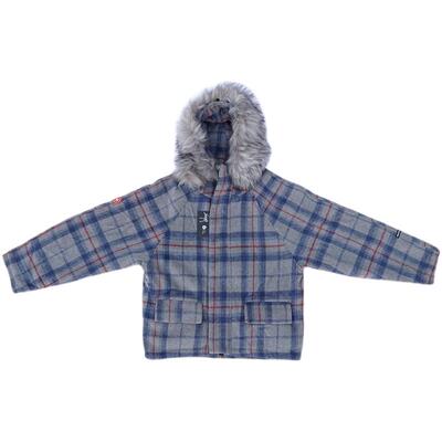 灰蓝格子毛呢座山雕兔绒毛领棉服