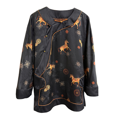 中式！真丝提花斜襟圆领骏马上衣