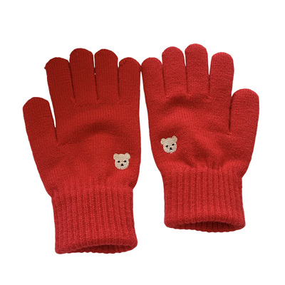 韩系可爱小熊毛线针织分指手套