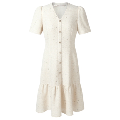 歌莉娅V领连衣裙法式收腰A字裙