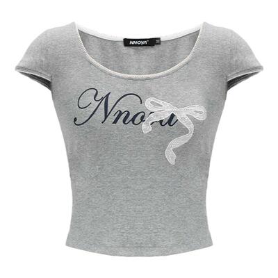 U领蝴蝶结高腰辣妹短袖女T恤