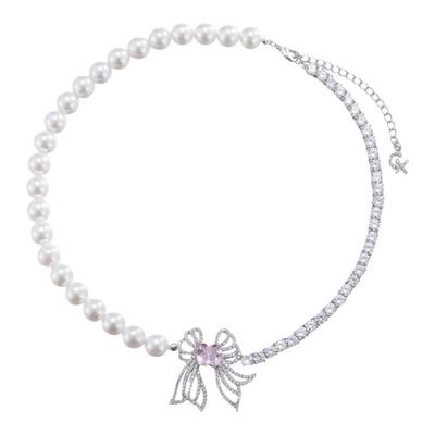 粉色方钻镂空蝴蝶结珍珠项链