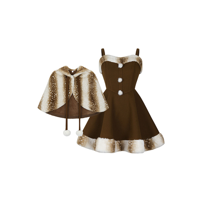 安妮不火 仿真梅花鹿环保皮草斗篷&吊带裙女微胖大码氛围感两件套