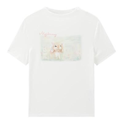 【商场同款】乐町小高领纯欲油画兔图案修身短袖T恤夏季C1CNF2205