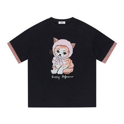 EMPTY REFERENCE复古手绘猫咪印花假两件宽松慵懒圆领短袖T恤