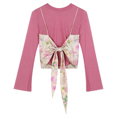 韩国chic小个子气质甜辣妹碎花缎面吊带别致微透长袖防晒衫套装女