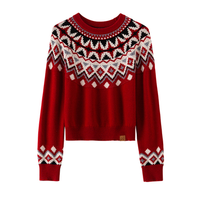 BANANA CICI2025年冬季新款经典复古费尔岛提花圆领羊毛针织衫女