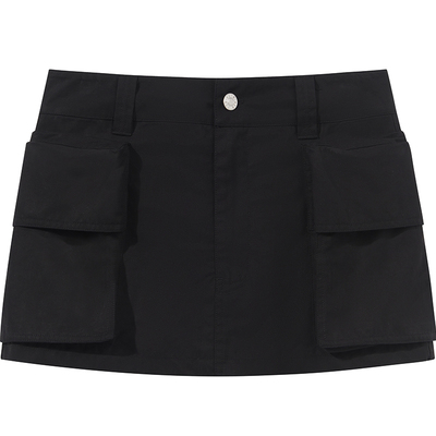 黑色浅卡其重工风琴袋棉短裙