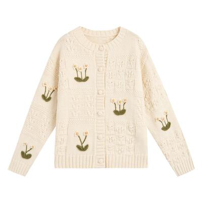 紫涵手工花朵针织开衫女春秋季新款甜美设计感宽松软糯毛衣外套潮