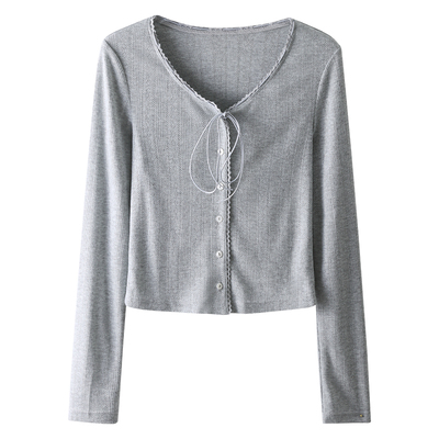 HAMYIHO设计感蕾丝边系带开衫女