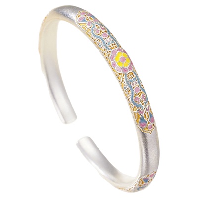 海棠花足银9999海棠花开口手镯