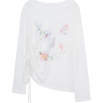 SANJATI 26SS 春暖花开轻薄罩衫莱赛尔凉感白色斜肩长袖女t恤上衣