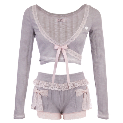 法式少女芭蕾风针织上衣短裤套装