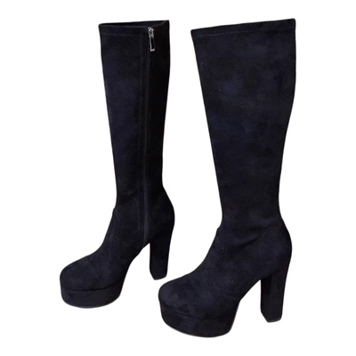 韩系显瘦高跟鞋秋冬防水台不过膝中筒靴弹力瘦瘦靴小个子气质袜靴