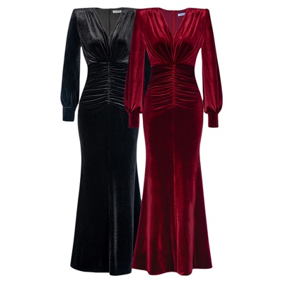 YOUKEFEIER原创设计丝绒修身鱼尾气质长袖轻奢时尚V领黑色连衣裙