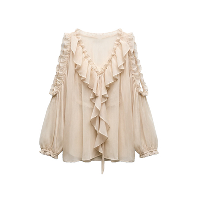 DPLAY2026年夏季新款米白色衬衫女V领慵懒露肩时髦荷叶边雪纺衫