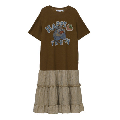 MOVEUP幻走2026春季新款短袖圆领草莓印花荷叶边宽松针织连衣裙女