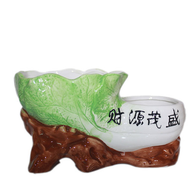 陶瓷双口复古风白菜财源茂盛花盆