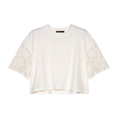 Maje短款镂空花纹半袖针织T恤衫