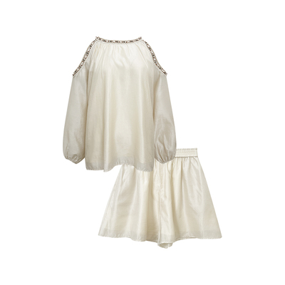 NAZ那子大码醋酸人丝夏季微皱珍珠织带挂脖漏肩胖mm洋气复古套装