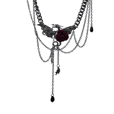 缠绕暗黑哥特玫瑰花流苏项链飞龙