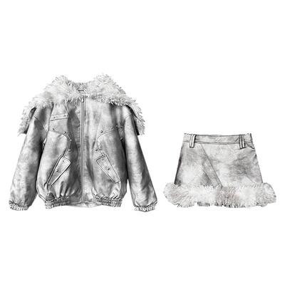 OOURS LAB 银色机能风皮棉袄棉内胆套装 A字皮半裙2025冬款新款