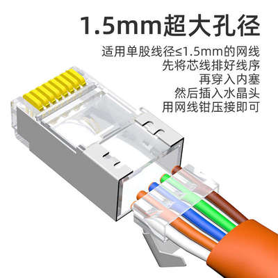 七类通孔水晶头镀金万兆ca6a超六类屏蔽粗网线CAT7铜壳穿孔式接头