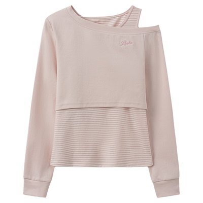 甜妹设计感斜肩条纹拼接假两件