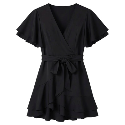 Ruffled V-Neck Belt Wrap Dress荷叶边V领腰带裹身A字连衣裙女士