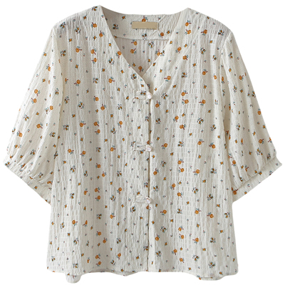 小个子休闲减龄百搭v领碎花衬衫