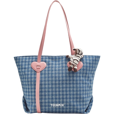 天美意撞色格子包包女大容量托特包单肩手提包秋季新款X3119CX5