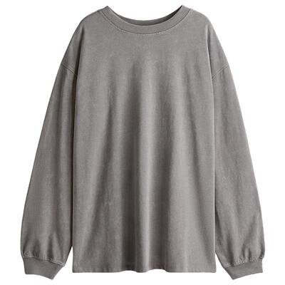 HM S/S女装T恤夏季新款时尚圆领宽松水洗感长袖上衣1295019