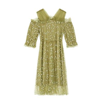 sdeer复古V领露肩网纱法式茶歇裙