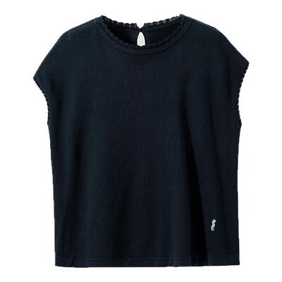 现货【简约松弛】超细棉纱线 花边领落肩包袖海马刺绣宽松针织衫