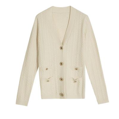 墨蒂珂单排扣V领麻花针织开衫