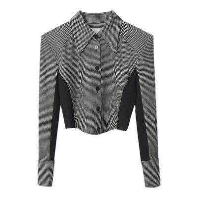 黑白格纹短款尖领修身撞色衬衫