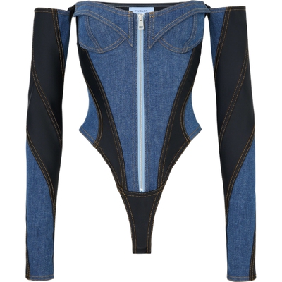 【季末折扣】MUGLER 秋冬女露肩牛仔布拼接弹力平纹布连体衣