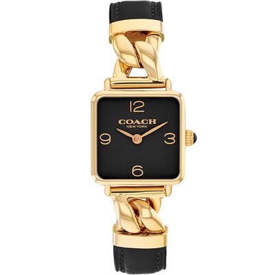 蔻驰经典黑金小方糖皮穿链女表