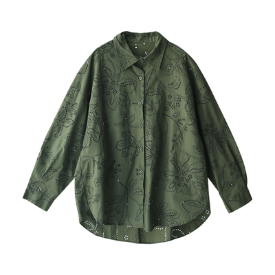宽松大版长袖中长款镂空刺绣衬衫